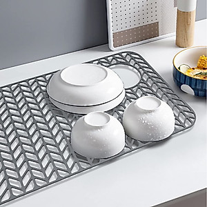 AWOKE Sink Protectors for Kitchen Sink - 28.6"x 14.5" Sink Mat - Heat-resistant Easy-clean Silicone Sink Mat - for Protection of Stainless Steel Sink - with Right & Left Drain (Grey)