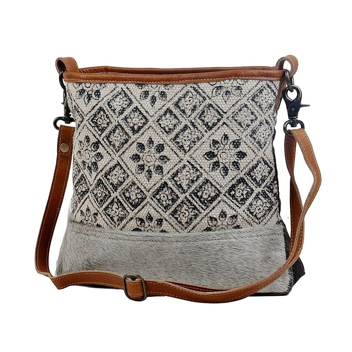 Myra Bag Tessellated Shoulder Bag Upcycled Cotton & Cowhide Leather S-2861