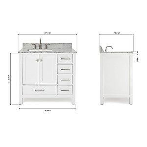 ARIEL Cambridge 37 Inch Bathroom Vanity with Sink, White Bathroom Vanity, Solid Wood Vanity Base Cabinet, Carrara Marble Countertop, Left Rectangular Single Sink, 2 Soft Closing Doors, 5 Drawers