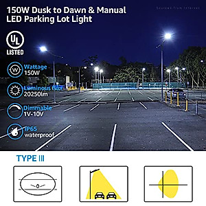 LEONLITE 150W LED Parking Lot Light with Adjustable Slip Fitter, 20250LM 100-277V Commercial Shoebox Lights, Dimmable Dusk to Dawn Photocell Area Lighting, IP65 Street Pole Light, 5000K, UL Listed