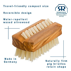 REDECKER Natural Pig Bristle Travel Nail Brush with Waxed Olive Wood Handle, 2-1/4-Inches - Boar Bristle Nail Brush For Cleaning Fingernails - German Wooden Nail Brush