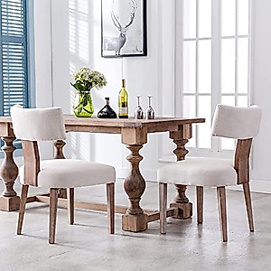 HNY Mid Century Modern Dining Chairs Set of 4, Farmhouse Linen Fabric Upholstered Accent Chair Curved Backrest Kitchen Chairs, with Hardwood Frame, Beige