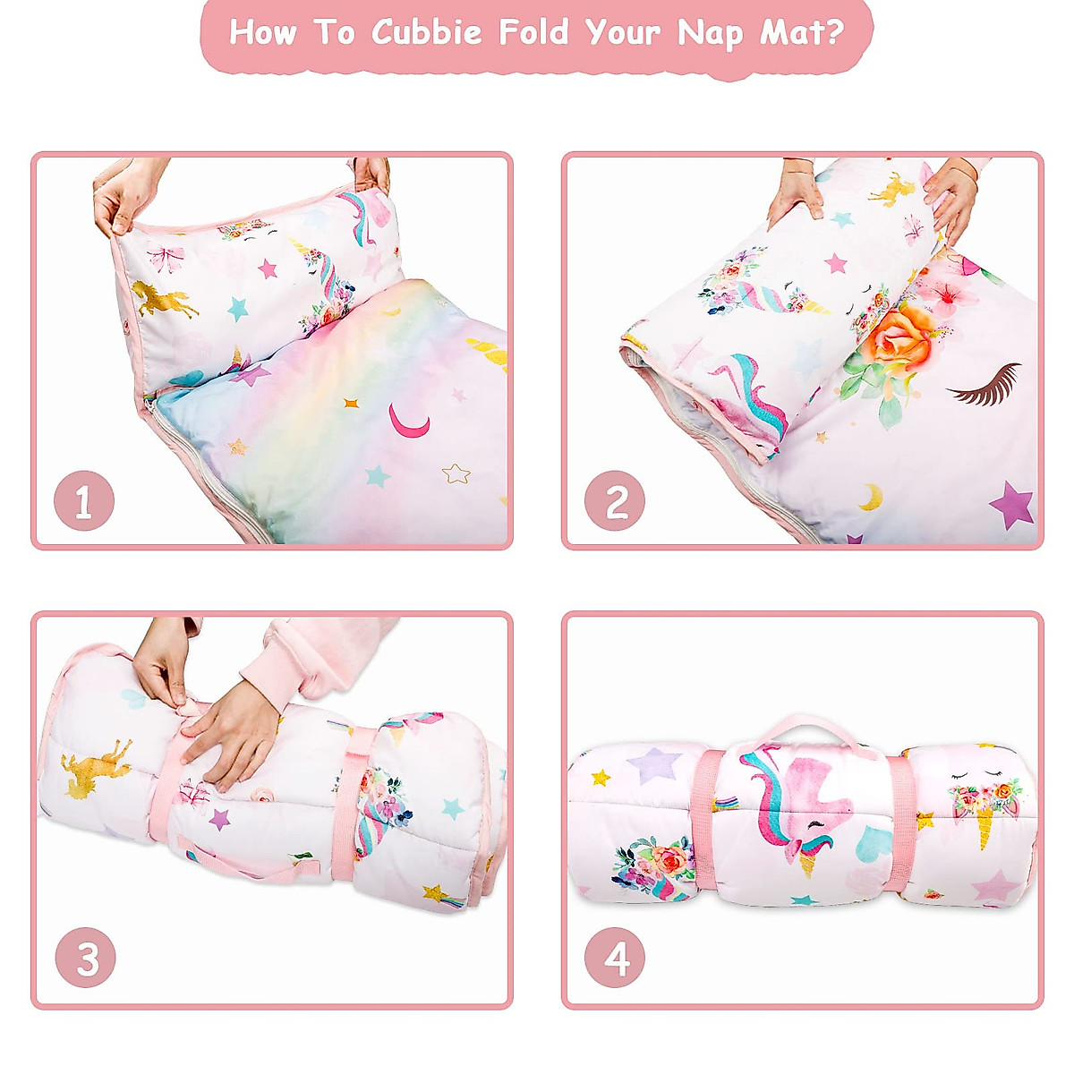 Toddler Nap Mat with Removable Pillow and Soft Dot Minky Blanket Pea Pod Kids Unicorn Napping Mats, Extra Large Rolled Slumber Bags for Girls Preschool, Daycare, Camping, 22 x 54inches Ages 3-7 Years