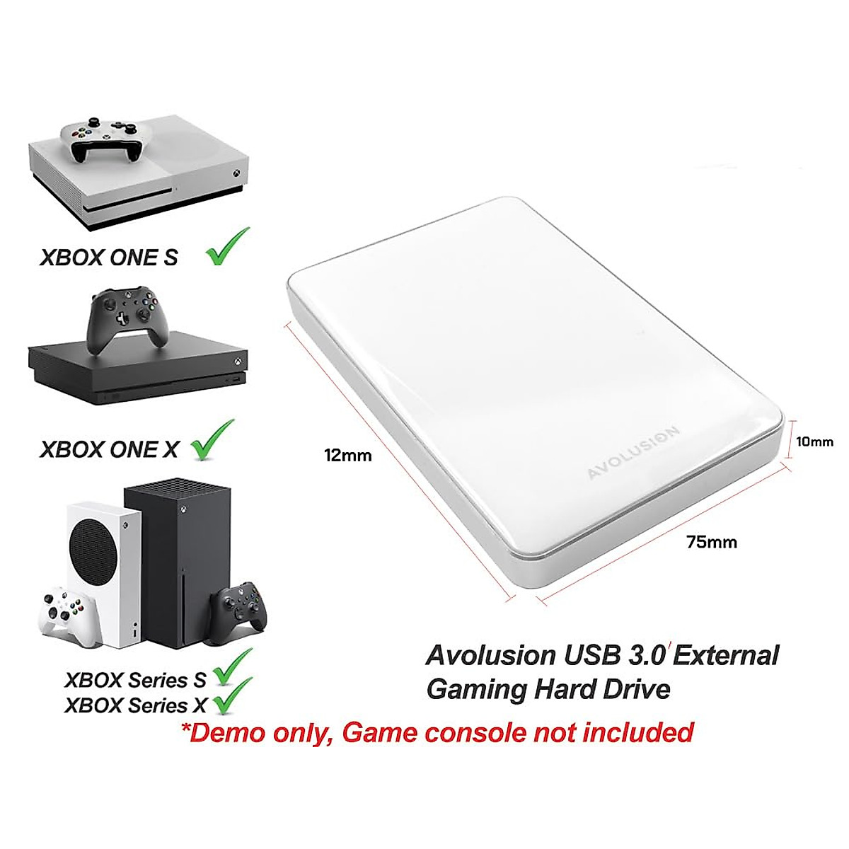 Avolusion T1 Series 1TB USB 3.0 Portable External Gaming Hard Drive (for Xbox One X, S & Series X|S - Pre-Formatted) White