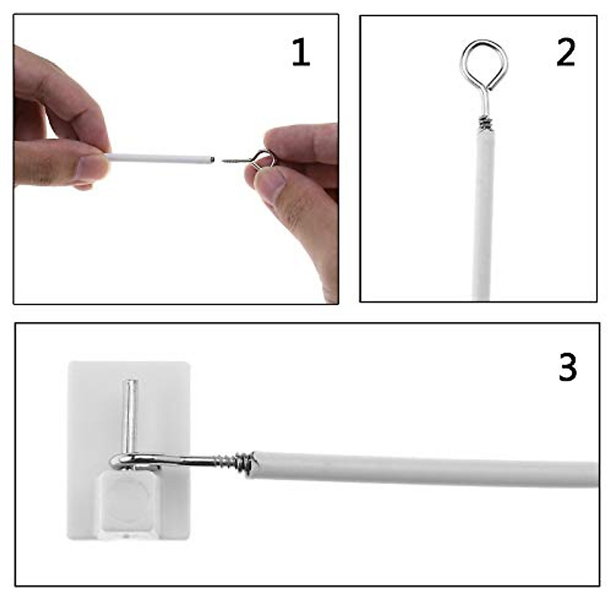 SING F LTD 17pcs Curtain Wire White Window Cord Cable with 8pcs Self-Adhesive Hooks 4 Pairs Hooks and Eyes Rods 3M Length