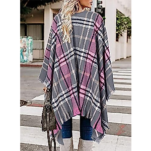 Bestshe Women's Boho Open Front Poncho Knitted Plaid Shawl Wrap Cape Tassel Cardigan Sweater