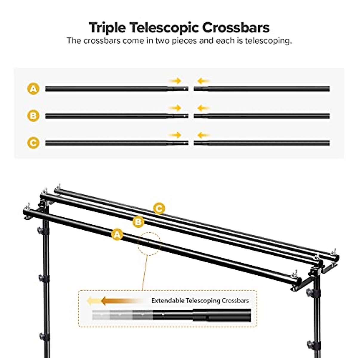 Julius Studio 10 x 9.6 feet (W x H) Triple Crossbar Backdrop Stand, 3 Cross Bars Easy Length Adjustable Background Support System Kit for Photography, Video, Party, Event, JSAG667