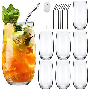 Ufrount Highball Glasses Set,Tall Drinking Cups Set of 8,Clear Water Glass Tumblers with Straws,16 OZ Glassware for Kitchen,Bar,Mojito,Cocktail,Juice,Mixed Drink,Water,Beer