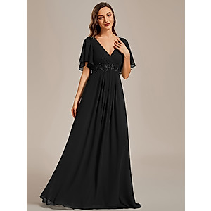 Ever-Pretty Women's Chiffon A-Line Ruched Short Sleeves Applique Waist V Neck Formal Dresses and Evening Gowns Black US20