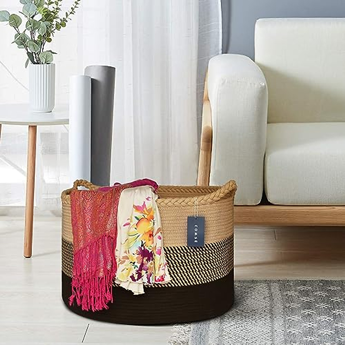 COMSE Extra Large Blanket Basket, Storage Basket, Laundry Basket, 21.7”x 13.8”, Laundry Hamper, Cotton Rope Basket, Blanket Basket Living Room, Toy Basket (Brown & Black)