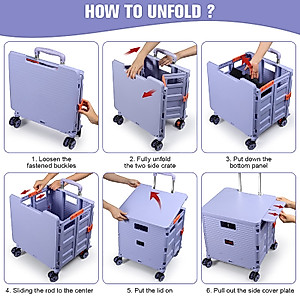 Foldable Utility Cart Folding Portable Rolling Crate with Magnetic Extended Lid,360°Rotate Wheels,176LBS Load Capacity,Heavy Duty Durable Dolly Cart for Teacher Tourist Shopping Office Outdoor Purple