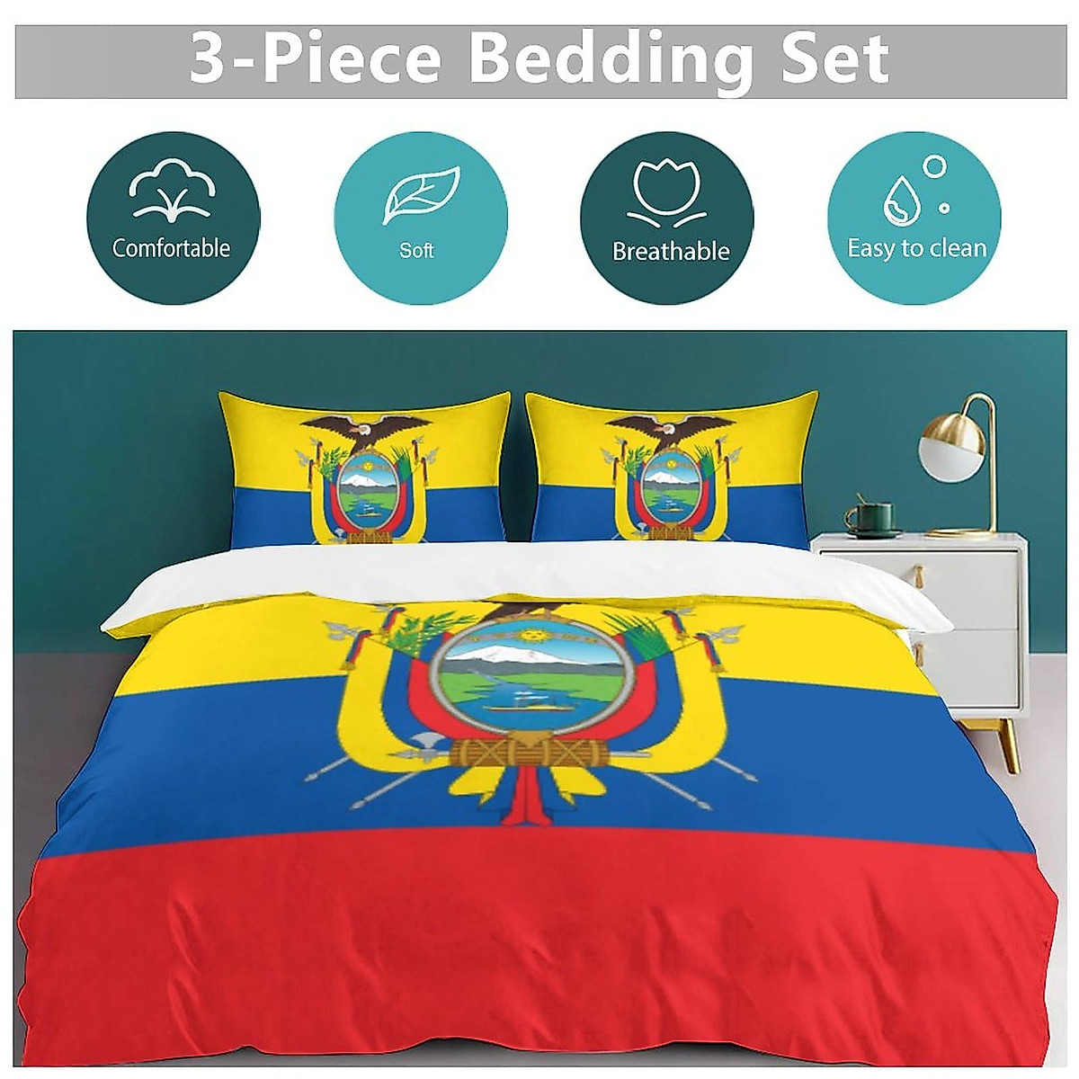 Ecuador Flag Bedding Comforter Sets Lightweight Ultra Soft Comforter Bedding Set 3 Pieces (1 Duvet Cover, 2 Pillowcases) with Zipper Closure