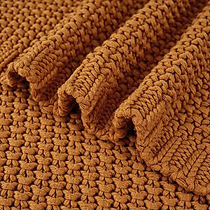 Chunky Cable Knit Throw Blanket Lightweight Burnt Orange 100% Organic Cotton Blanket for Sofa Couch Bed Baby Nursery, Rustic Shabby Chic Modern Farmhouse, 51” x 63” Give Laundering Bag