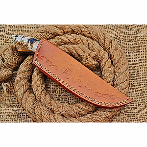 HUNTEX Handmade Hand-Forged Twist Pattern Damascus Steel 9 Inch Long Full Tang Natural Ram Horn Handle Razor Sharp Hunting Camping Boot Knife w/Genuine Leather Pouch