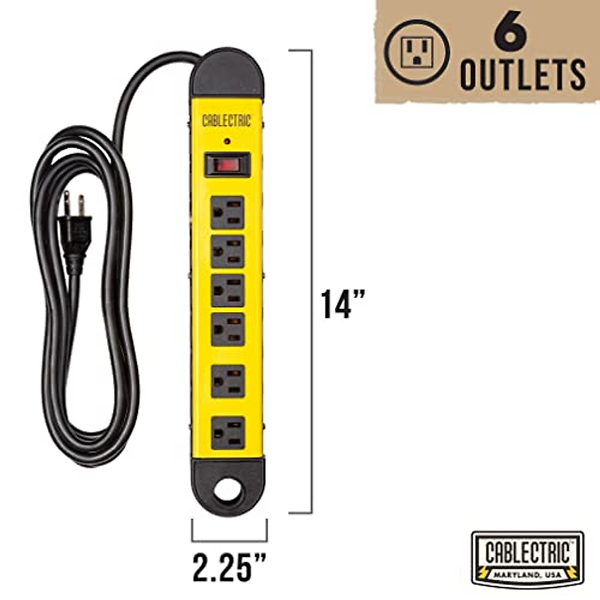 Cablectric Heavy Duty Power Strip Surge Protector for Appliances with 9 Ft Long Extension Cord 14 AWG, 6 Outlets Workshop Power Strip with 1200 Joules Surge, Wide Spaced Metal Power Strip 15 Amp