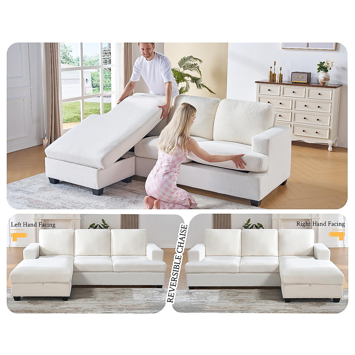 VanAcc 89 Inch L Shape Couch, Reversible L Shape Sofa with Chaise, Convertible Sofa with Storage, L Couches for Living Room, Offwhite Bouclé