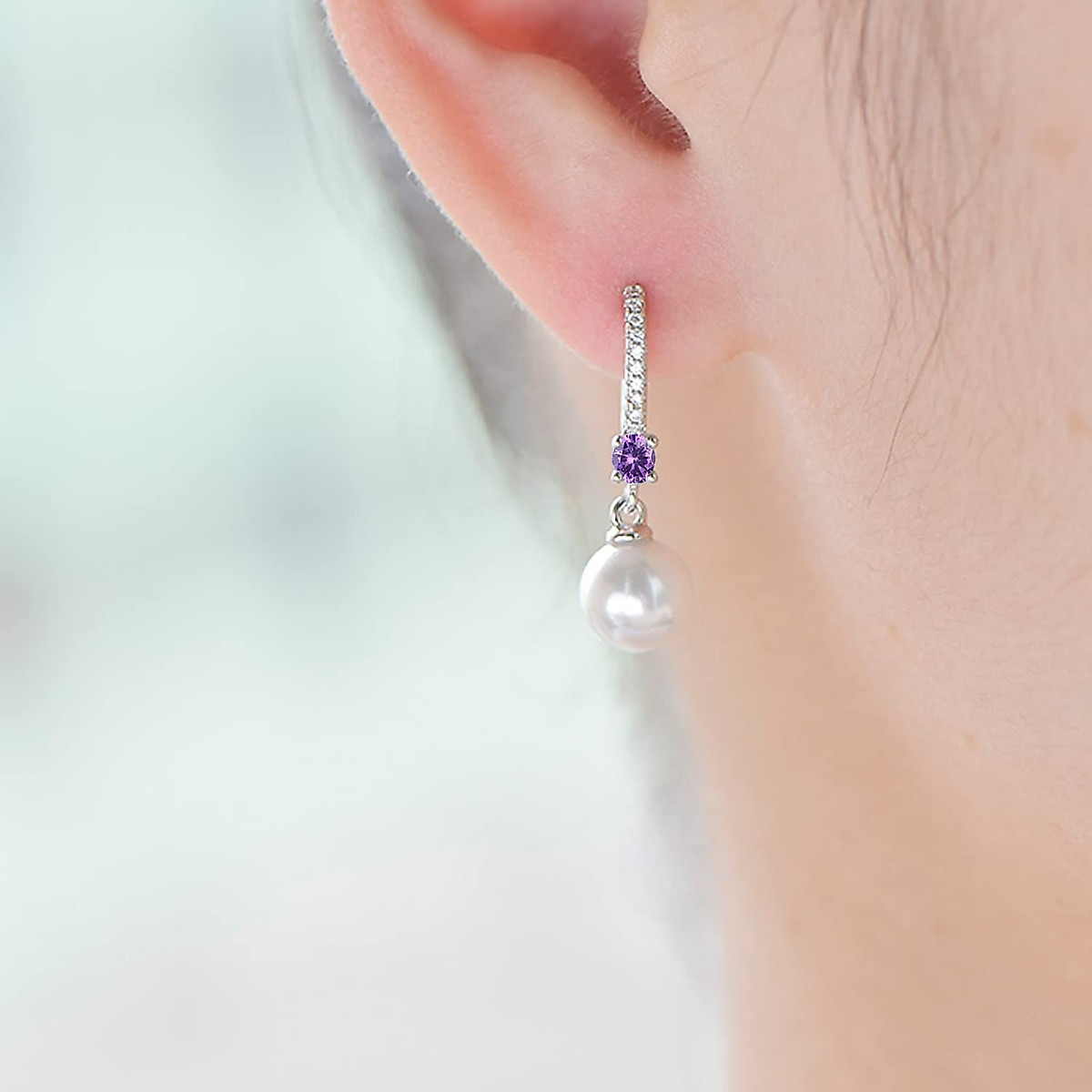 JO WISDOM Pearl Earrings,925 Sterling Silver 3A CZ February Birthstone Amethyst Color 8mm Pearl Leverback Drop Earrings,Jewelry for Women