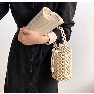 Goodly Wood Beaded Tote Handbag/Summer Mini Beads Bag/Wood Beads Circle Tote Bag for Women (Beige)… (Ivory)