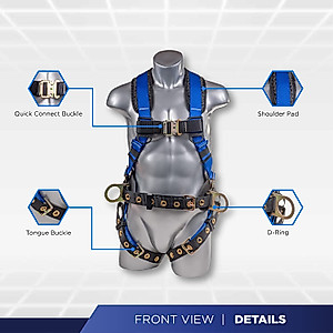 Palmer Safety Hammerhead 5pt Safety Harness 6' Safety Lanyard, D-Ring Extender Combo Kit 4 I OSHA ANSI Industrial Roofing Tool Personal Equipment (Blue - LG)