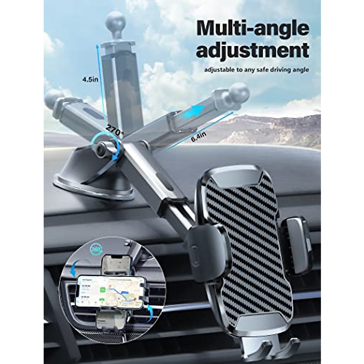 Phone Mount for Car [Strong Suction] Phone Holder Mount Hands-Free Universal Cell Phone Mounts for Dashboard/Windshield, 360° Rotation Extendable Mobile Car Holder for iPhone/Samsung/Oneplus