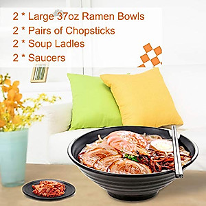 Vivimee Unbreakable Japanese Style Ramen Bowl Set of 2, 37oz Black Large Ramen Bowls and Spoons Set with Chopsticks & Saucers for Pho Thai Miso Udon Soup Noodles or Asian Food, Matte Melamine Bowls