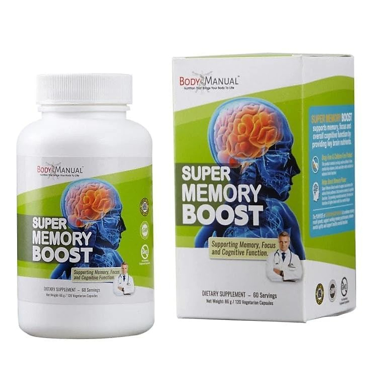 Body Manual Super Memory Boost | Enhances Brain Function & Memory | Turmeric & Pterostilbene to Reduce Inflammation | Ginkgo Biloba, Vitamin D, B5, B12, Folate (60 Serving)