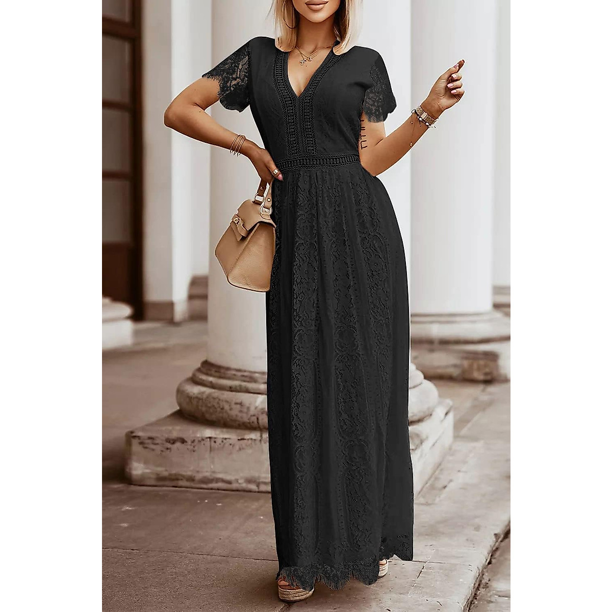 MEROKEETY Women's 2024 V Neck Short Sleeve Floral Lace Wedding Dress Bridesmaid Cocktail Party Maxi Dress, Black, Large