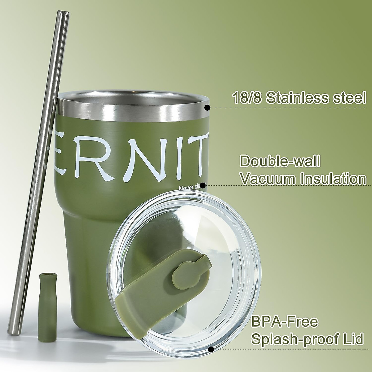 21 oz Travel Coffee Mug, Insulated Tumbler with Lid and Straw Double Wall Vacuum Insulated Tumbler Reusable Coffee Cups for Coffee, Tea and Drinks, Green