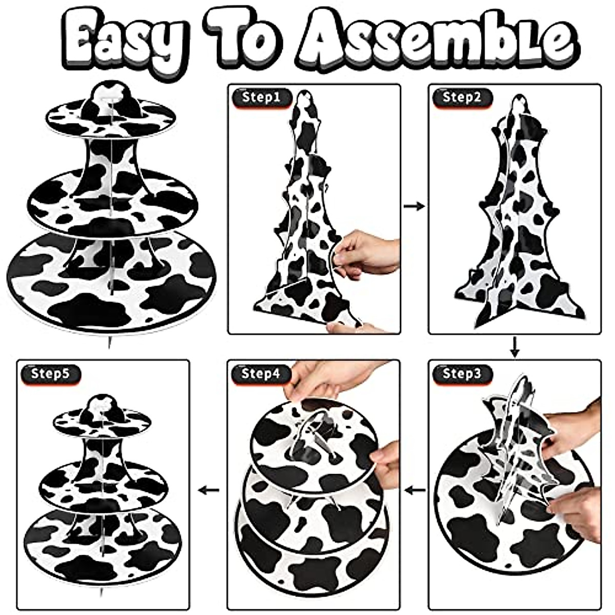 2 Set 3-Tier Farm Animal Cow Print Round Cardboard Cupcake Stand for 24 Cupcakes Perfect for Cow Boy Birthday Party Decorations Baby Shower Decor Cow Print Party Supplies