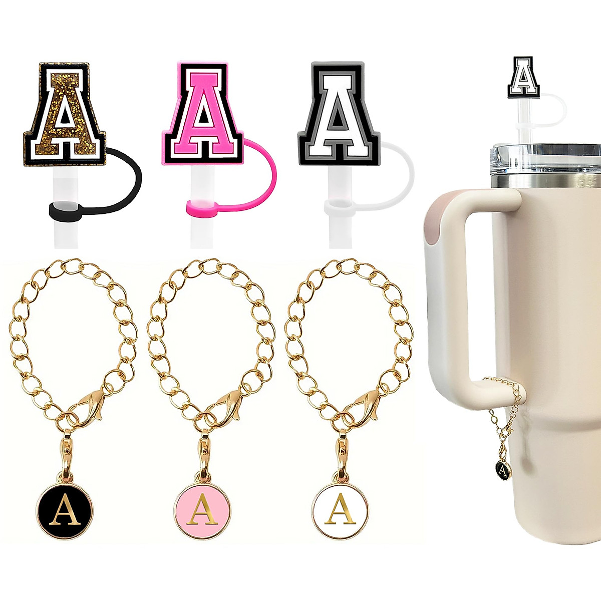 （3 +3) 3PCS Nuozme Straw Cover 10mm For Stanley Tumbler Cup Reusable Straw Cap Topper with 3 Initial Letter Charms Accessories Name ID Personalized Handle Charm For Stanley 30&40 Oz Cup Tumbler
