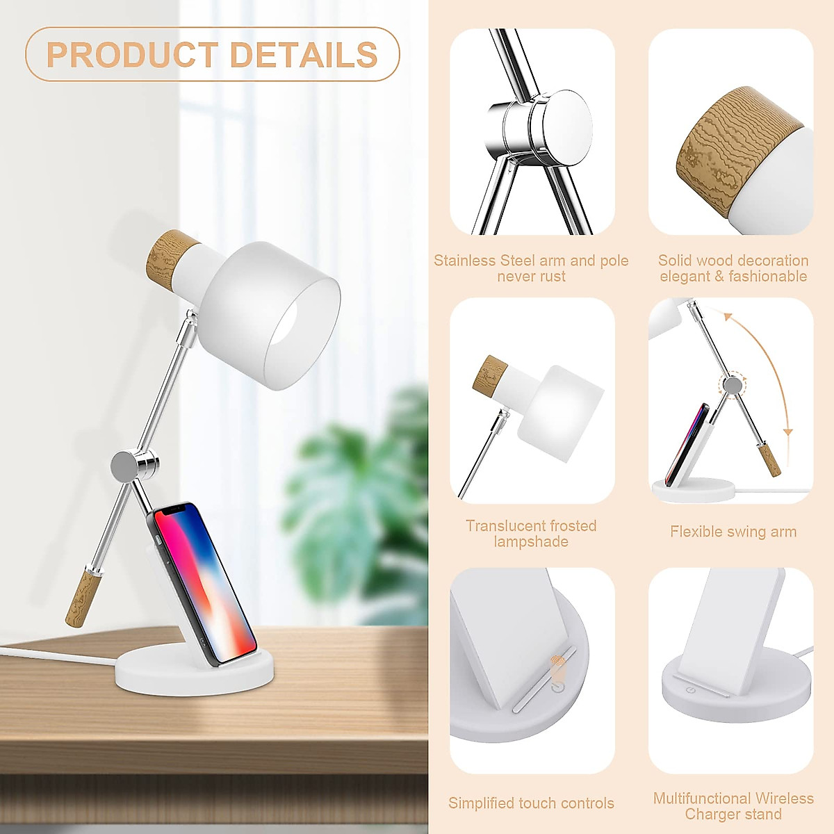 LED Desk Lamps with Wireless Charger, Table Lamps with Adjustable Brightness,Dimmable Eye-Caring Reading Desk Light for Office , Touch Control for Home ,Eye Protection Table Light for Office Bedroom