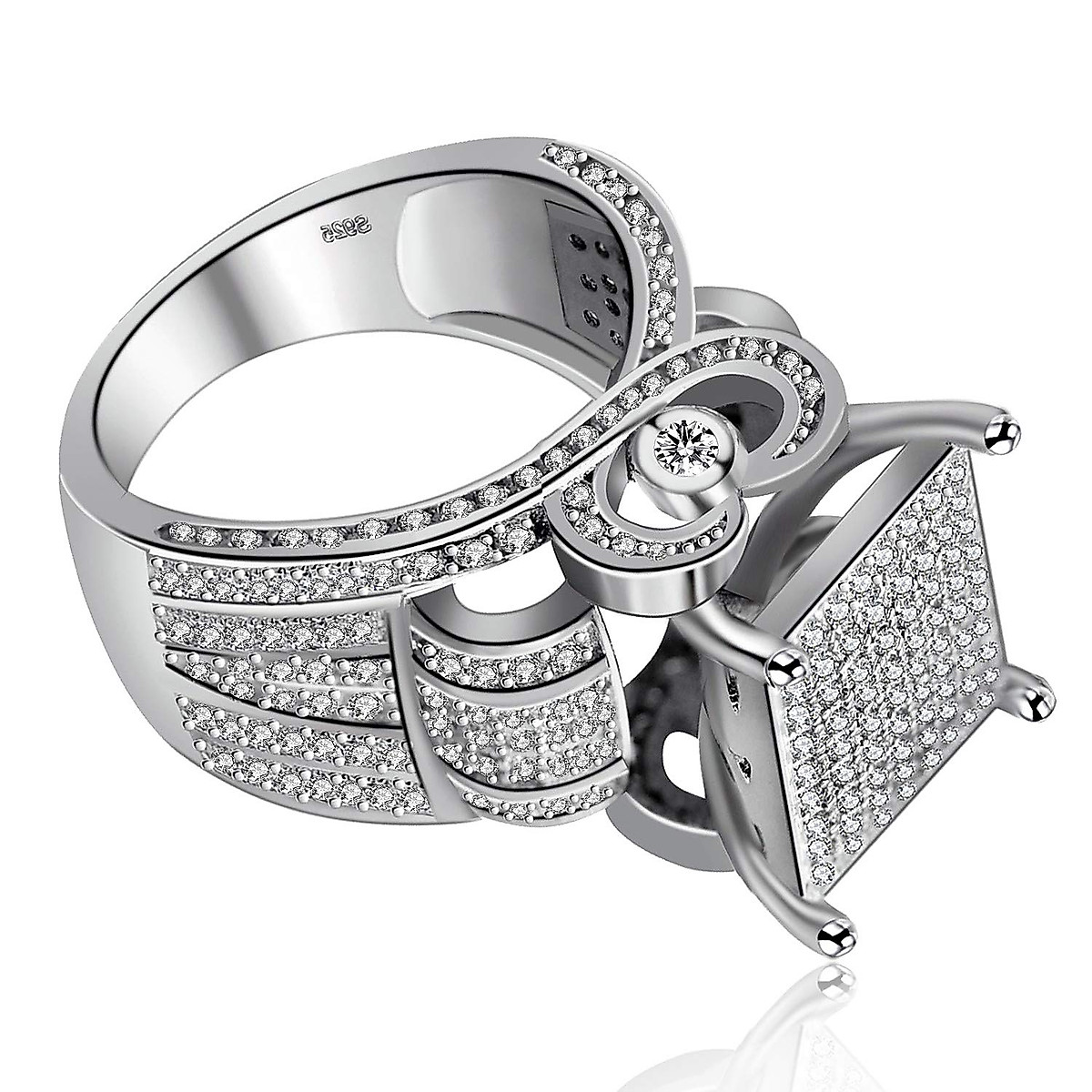 Uloveido Women's 0.4" Wide Square Cluster Engagement Heart Architecture Ring, Cocktail Bling Ring for Her RA0221 (Platinum, 8)
