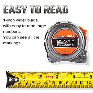VANQUISH Heavy-Duty Tap Measure 25'/7.5m x 1"/25mm Easy Read Measuring Tape (4036)