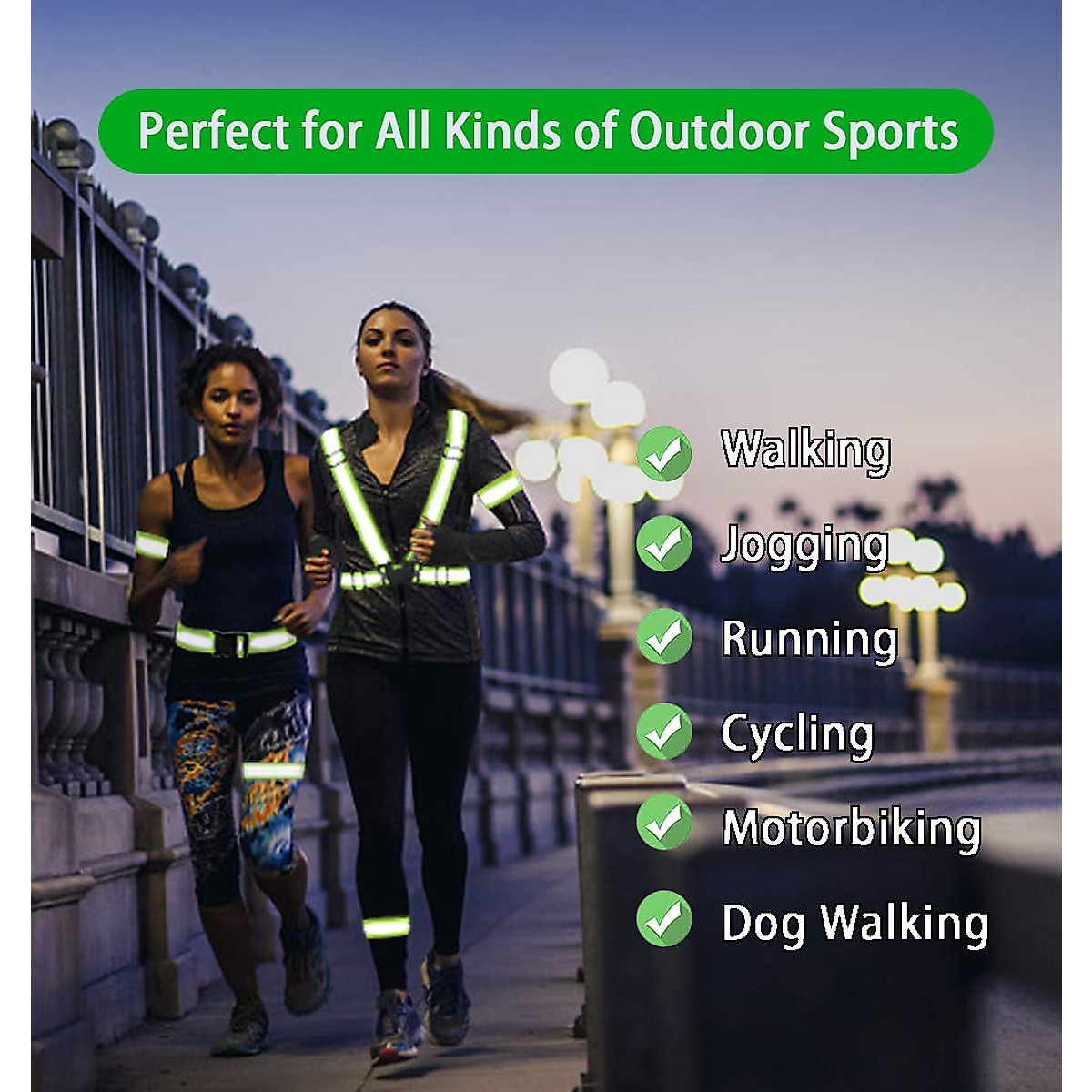 Reflective Vest, Reflective Glow Belt with 2Pack Reflector Armbands, Adjustable Elastic Safety Vest Outdoor Reflective Belt High Visibility, Ultralight & Comfy for Running, Jogging, Walking, Cycling,