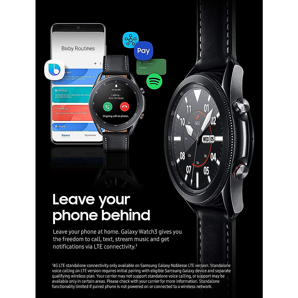 SAMSUNG Galaxy Watch 3 (45mm, GPS, Bluetooth, Unlocked LTE) Smart Watch with Advanced Health Monitoring, Fitness Tracking, and Long Lasting Battery - Mystic Black (US Version)