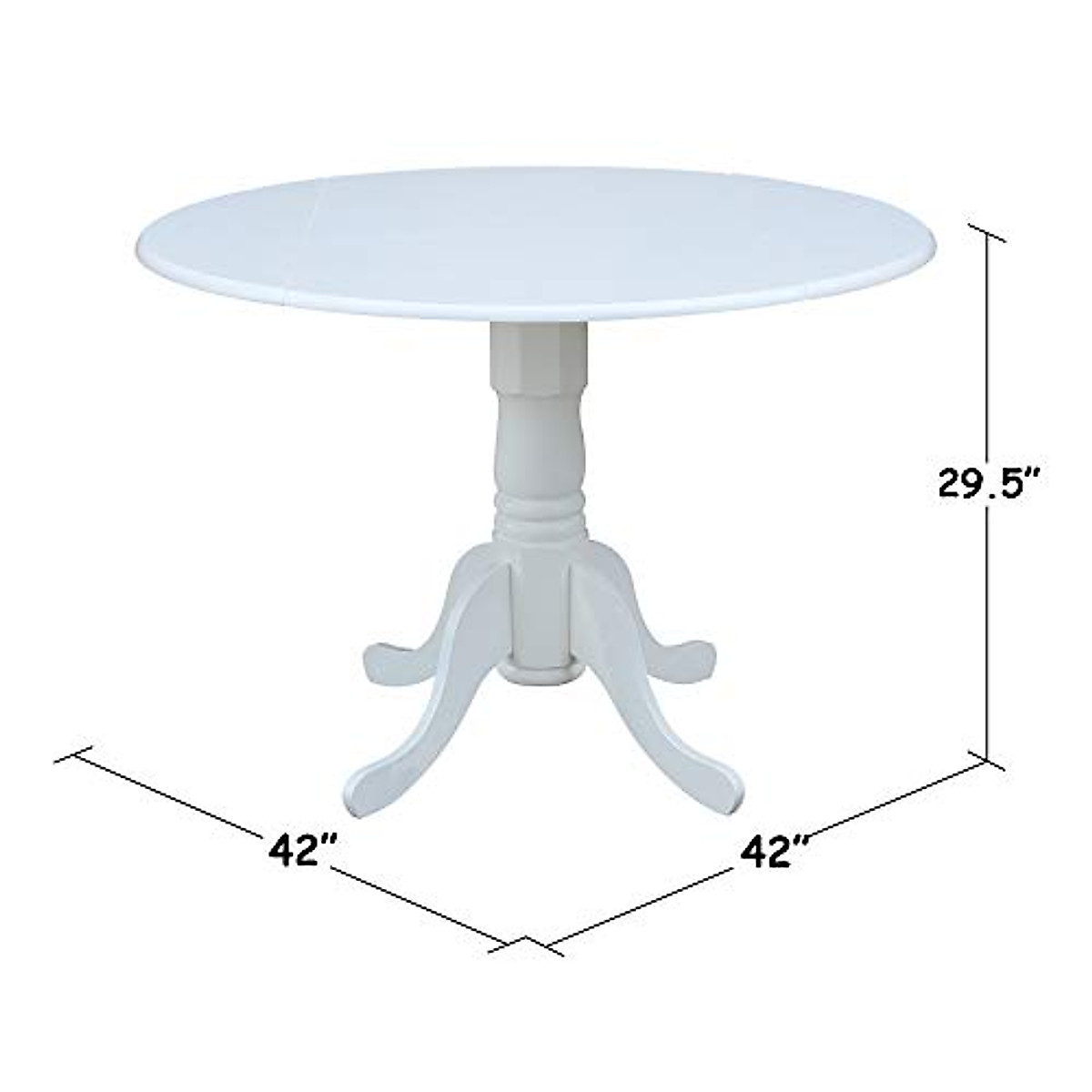 IC International Concepts, 42" Round Dual Drop Leaf Pedestal Dining Table, Solid Real Wood, Sturdy Parawood, White