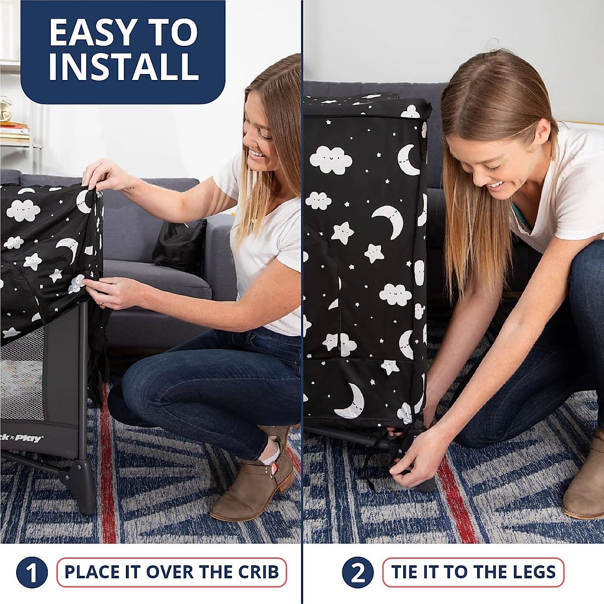 Bebey Pack n Play Blackout Cover - Blocks 97% of Light, Breathable and Stretchy Fabric with 1 Side Pocket, 3 Quick-Access Windows with Zippers - Blocks Light, Easy to Install, Portable, and Anti-climb
