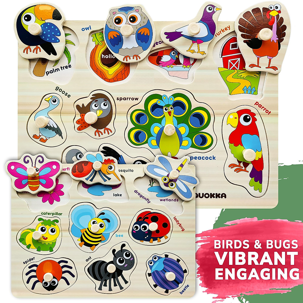 QUOKKA Wooden Puzzles for Toddlers Ages 1-3-5 in a Bag – Alphabet Learning Kids Puzzle 2-4 Year Old – Educational Wood Travel Toy with ABC Numbers Letters Animals – Gift Game for Boys and Girls