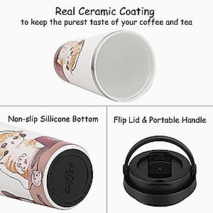 Funkrin Insulated Travel Coffee Mug with Ceramic Coating, Personalized Gifts for Men Women Kids, 16oz Stainless Steel Tumbler with Flip Lid Portable Handle, Double Wall Leak-Proof Thermos Mug