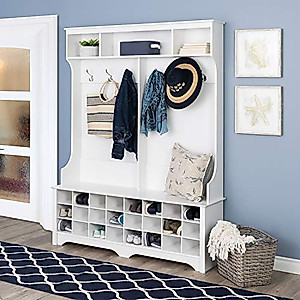 Prepac 24 Shoe Cubby Wide Hall Tree With Bench & Coat Hooks, 15. 5" D x 60" W x 77" H, White
