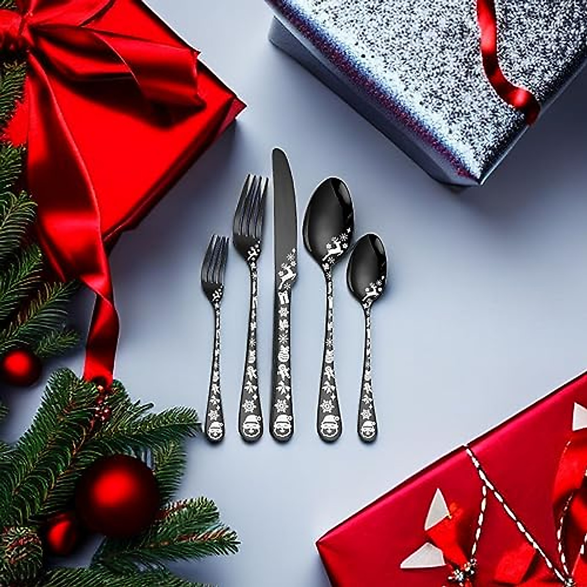 Christmas Pattern Silverware Set Flatware Set for 10,40 Piece Fork Utensil Sets Stainless Steel Cutlery Set Mirror Polished Durable Kitchen Utensil Set for Home Restaurant Best Gift Combo