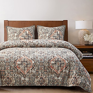 HiEnd Accents Carmen Kilim 3 Piece Duvet Cover Set with Pillow Shams, Gray Medallion Pattern, King Size, Classic Traditional Modern Rustic Bedding, Linen Duvet Cover with 2 Pillowcases