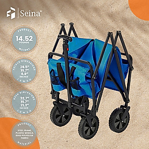 Seina Heavy Duty Steel Compact Collapsible Folding Outdoor Portable Utility Cart Wagon w/All Terrain Rubber Wheels and 150 Pound Capacity, Blue