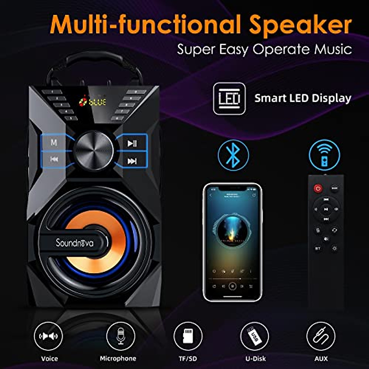 35W(50W Peak) Bluetooth Speaker, Portable Wireless Speaker with 15W Subwoofer 8000mah Libattery LCD Display LED Lights Remote Control U Disk TF Card Wooden Speaker for Christmas Party Store Events