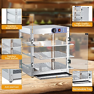 Commercial Food Warming Display Cabinet, 20" 3 Tier, 800 Watt Hot Dog Warmer with 3D Heating, Bottom Fan, Countertop Pastry Warmer, Temperature Knob/Indicator, Stainless Steel Framed Glass Door