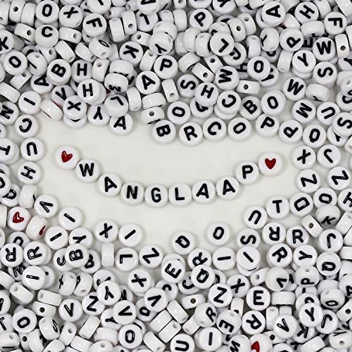 WangLaap 1450Pcs Acrylic 4x7mm Round Letter Beads Kits Alphabet Beads A-Z and Red Heart Black Star Beads for Bracelets Necklaces DIY Jewelry Making (White)