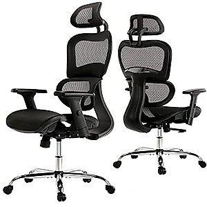 SMUG Ergonomic Office High Back Computer, Mesh Home Desk Lumbar Support, Tilt and Lock, Comfy Rolling Executive Swivel Task Chair with 3D Adjustable Headrest and Armrests, Black