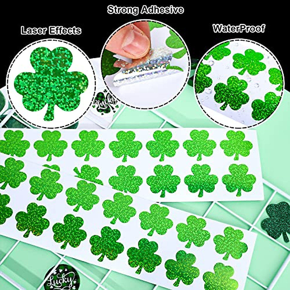 Whaline 800Pcs Shamrock Shape Glitter Stickers St. Patrick's Day Holographic Stickers Lucky Clover Shinny Label Tag Self-Adhesive Stickers for Irish Holiday Party Boxes Cards Seal Envelopes