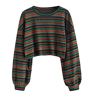 ZAFUL Women's Tribal Ethnic Graphic Cropped Knitwear Bohemian Long Sleeve Pullover Sweater Boho Drop Shoulder Knitted Top Multicolored