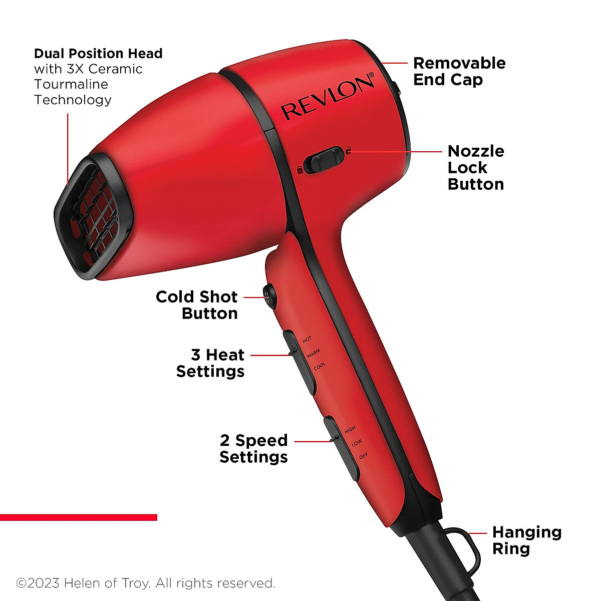 REVLON Airflow Control Hair Dryer with Diffuser | 1875W Blow Dryer Head Rotates 90° for Total Control, Wider Head for Less Drying Time, Reduces Frizz (Red)